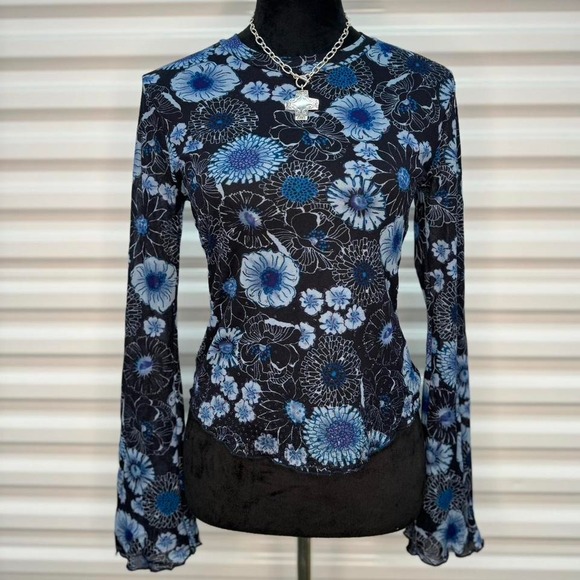Rampage | Tops | Vintage Micro Mesh Blue Floral Flare Long Sleeve ...